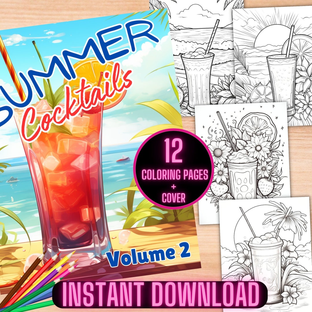 Summer Cocktails Coloring Book, Summer Drinks Coloring Pages, Adult ...