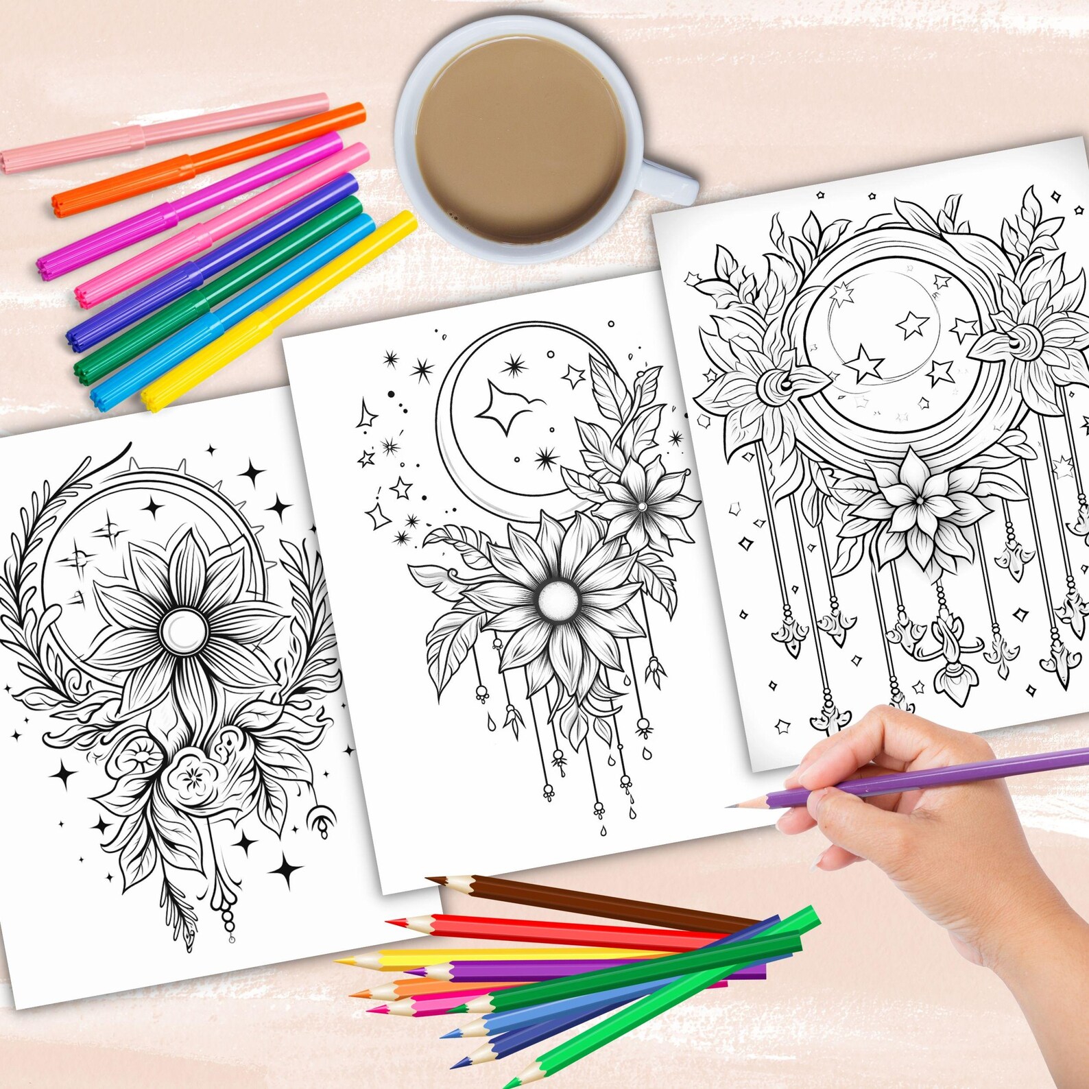 Celestial Moon Coloring Pages, Boho Chic Moon Coloring Sheets ...