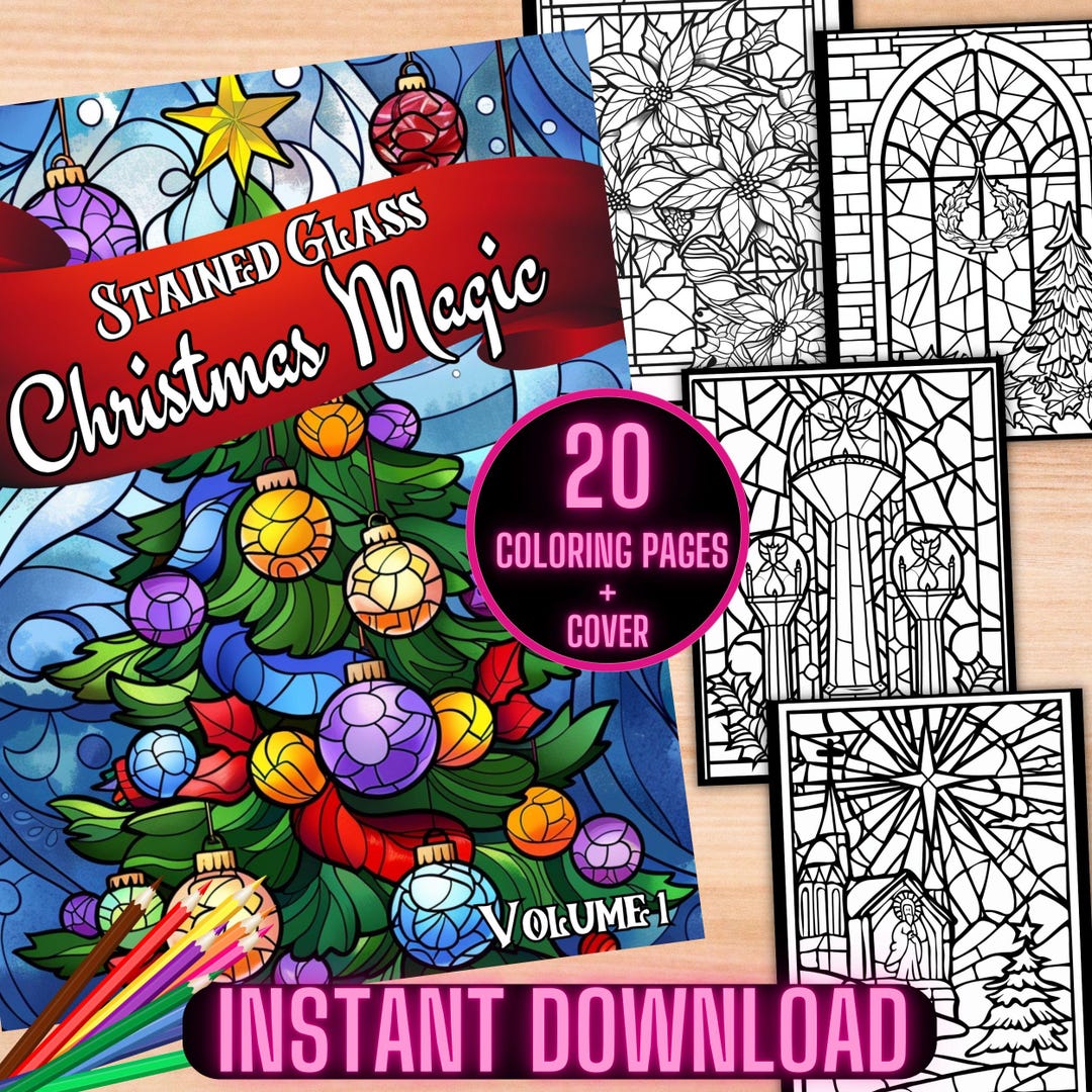 Stained Glass Christmas Coloring Book, Merry Christmas Holiday Coloring ...