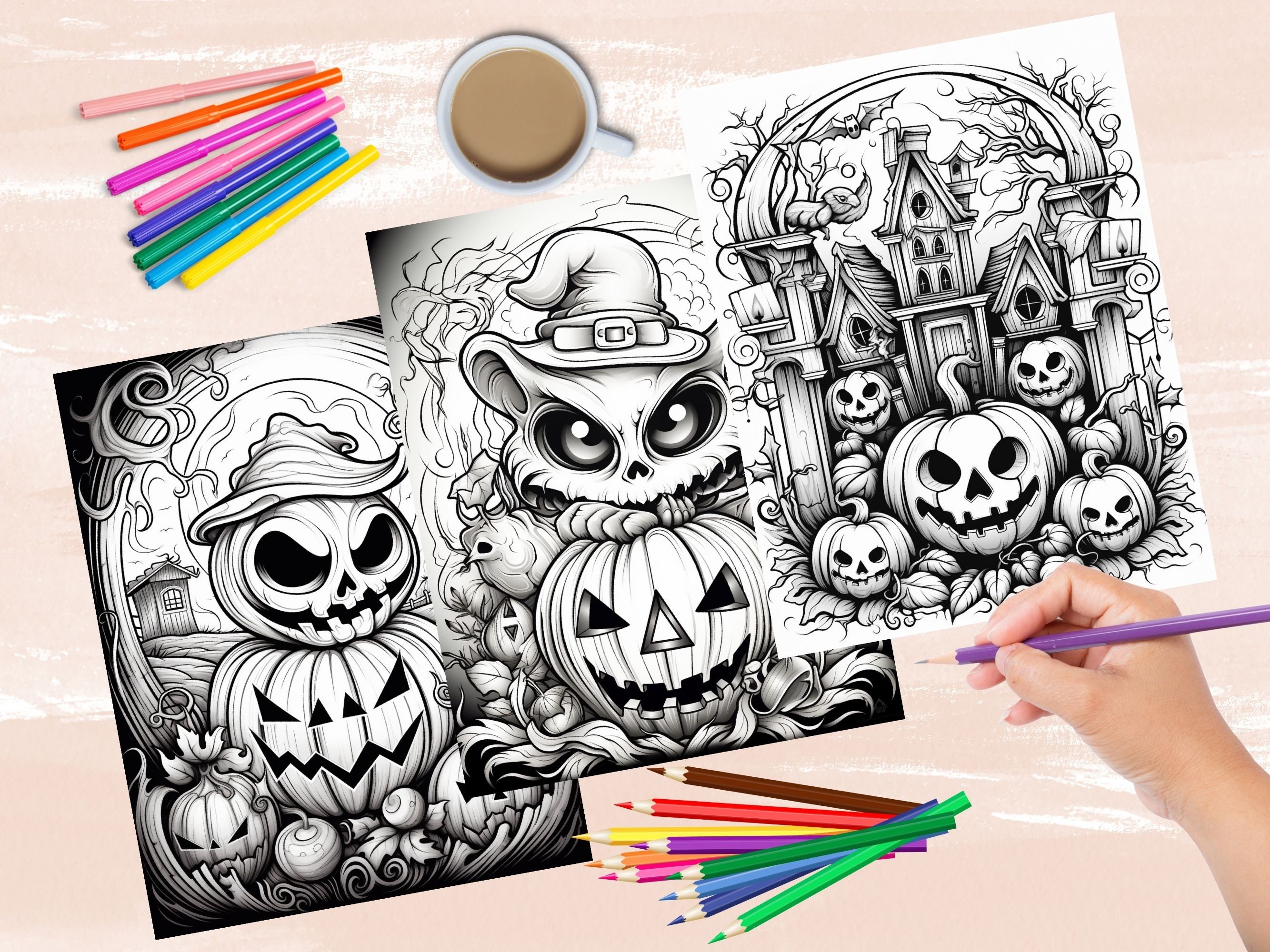 Creepy Halloween Coloring Pages Grayscale Halloween Coloring - Etsy