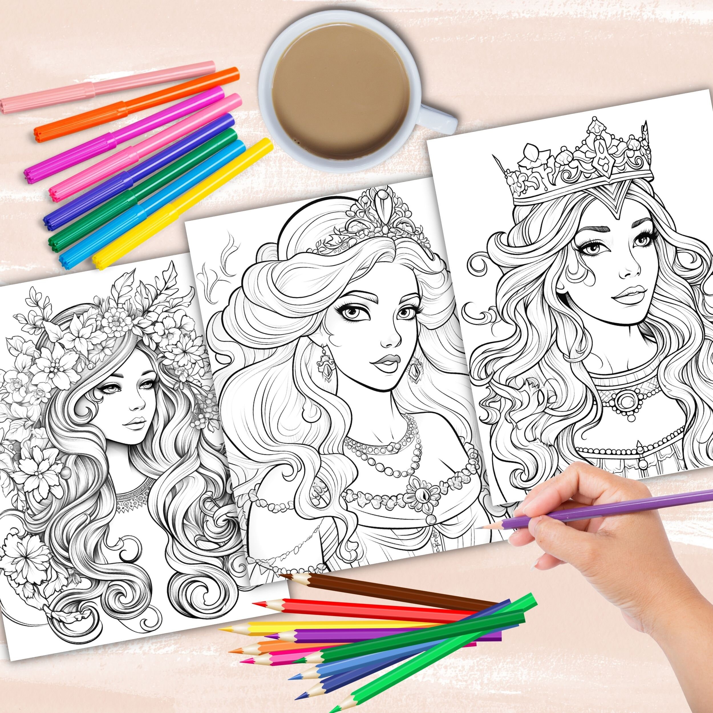 Enchanted Princesses Coloring Pages, Fantasy Fairytale Coloring Book ...