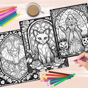 Stained Glass Halloween Coloring Book Grayscale Halloween - Etsy