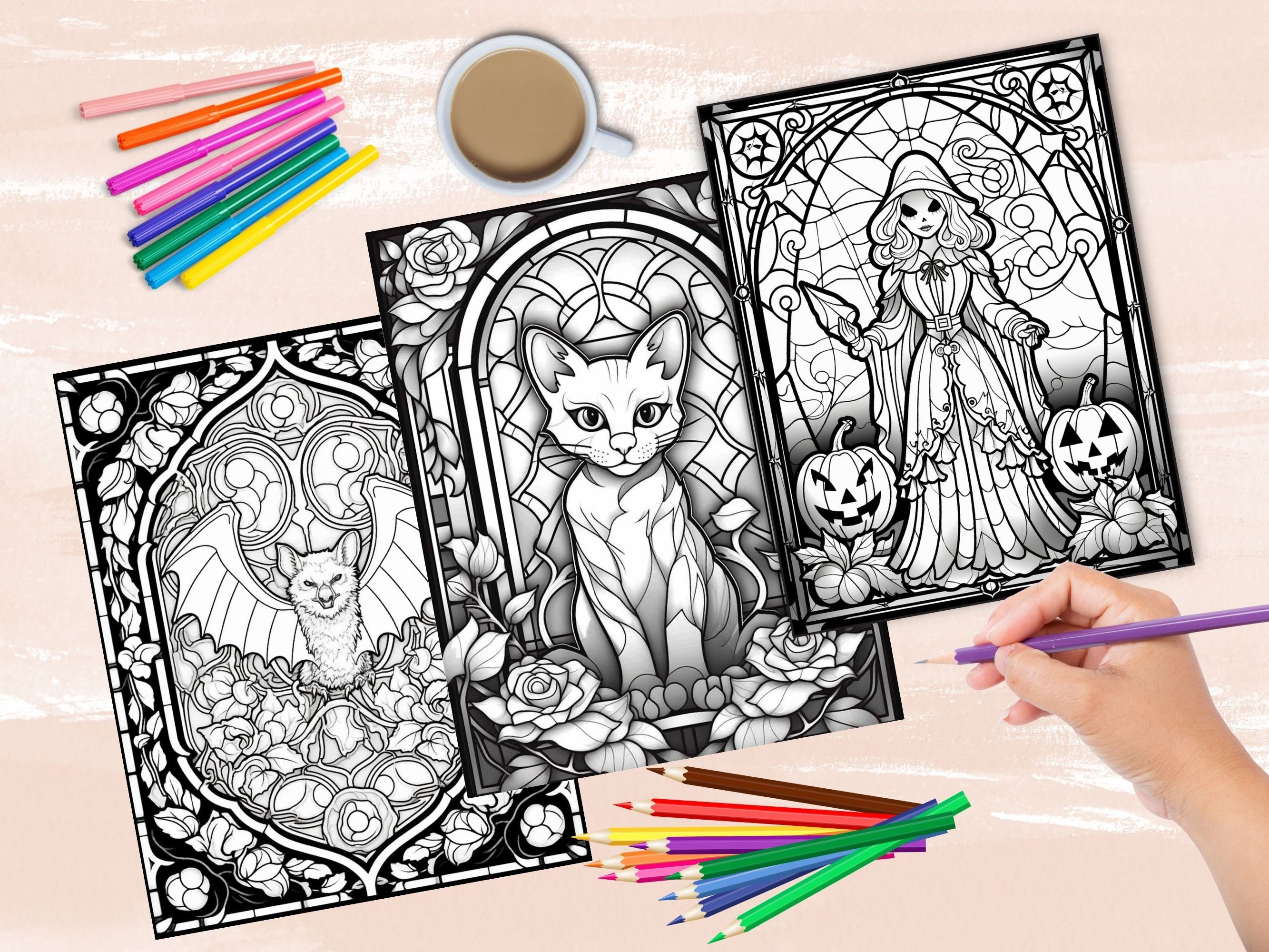 Stained Glass Halloween Coloring Book Grayscale Halloween - Etsy