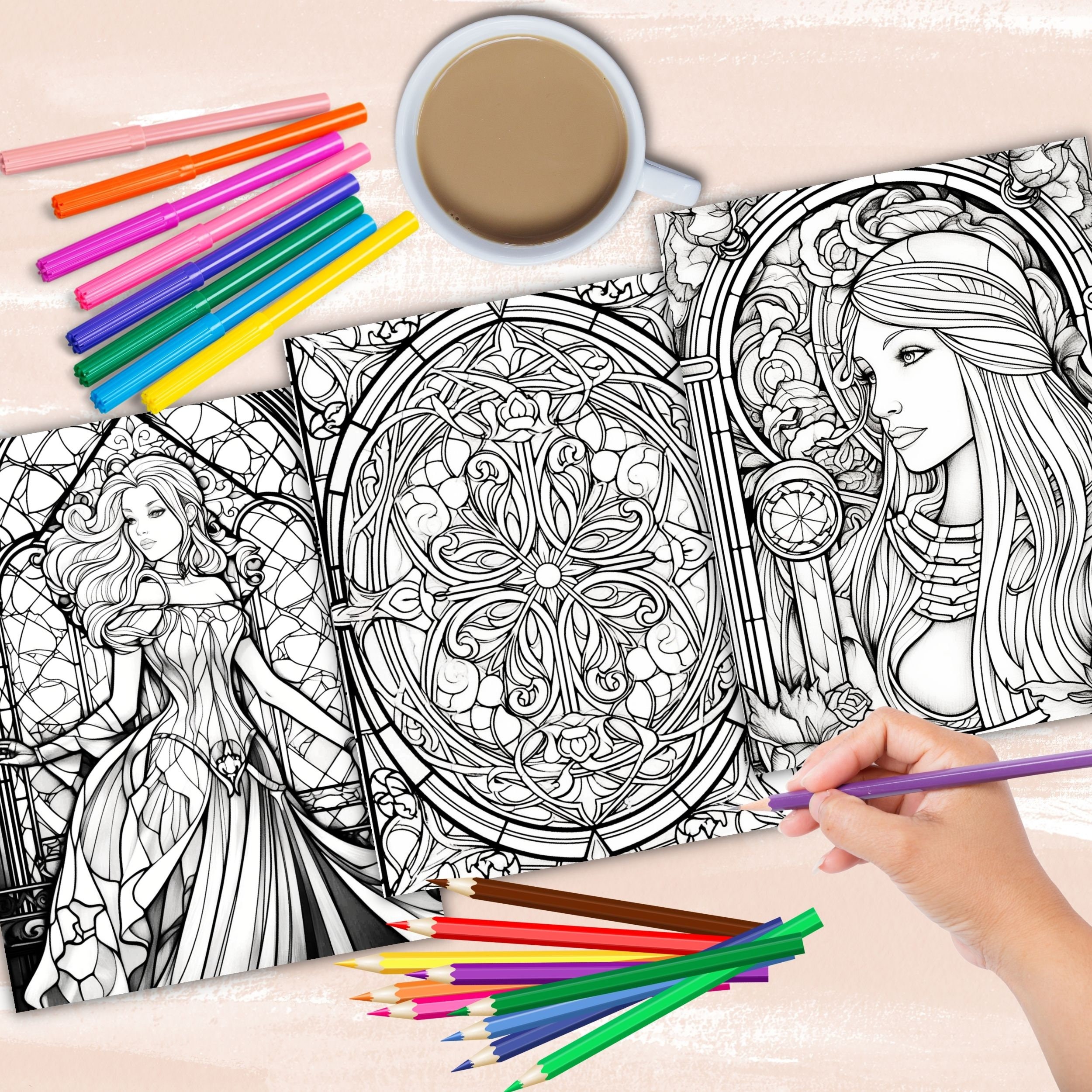 Stained Glass Enchantment Coloring Pages, Fairytale Fantasy Coloring ...
