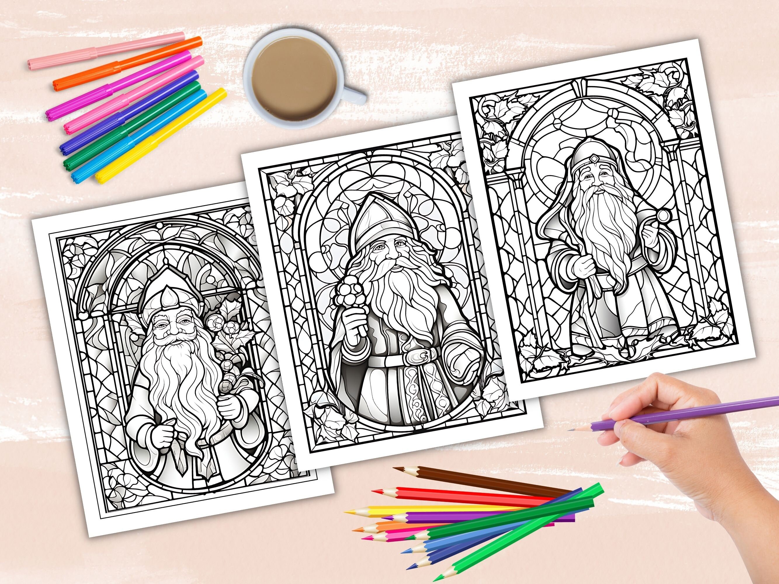 Stained Glass Santa Coloring Book, Merry Christmas Coloring, Santa ...