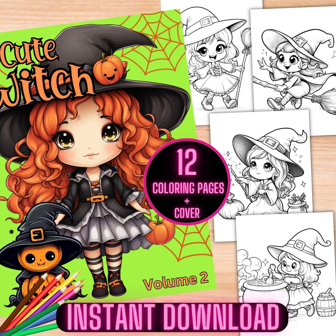 Cute Witch Coloring Book, Halloween Coloring Pages for Kids, Printable ...