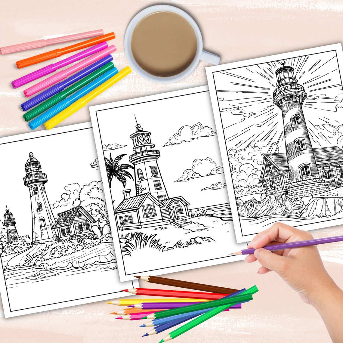Coastal Lighthouses Coloring Book, Lighthouse Coloring Pages, Nautical ...
