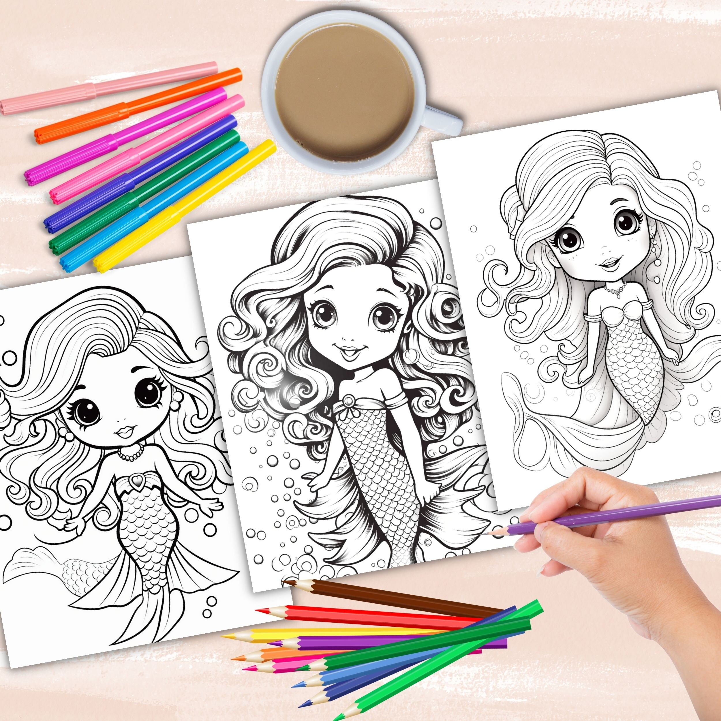 Cute Mermaids Coloring Pages, Ocean Fantasy Coloring Book, Mermaid ...