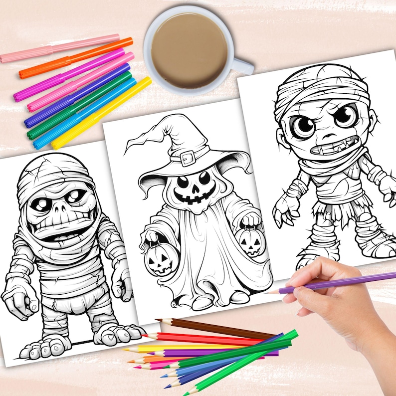 Cute Halloween Coloring Book, Creepy Monsters Coloring Pages, Spooky ...