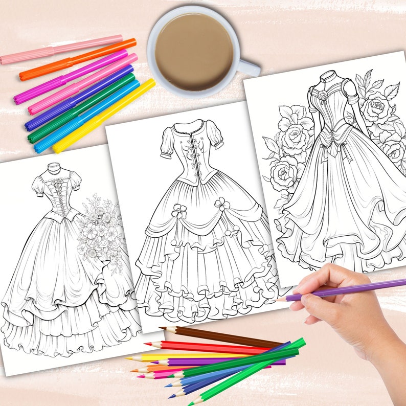 Elegant Dresses Coloring Pages, Beautiful Gowns Coloring Book ...
