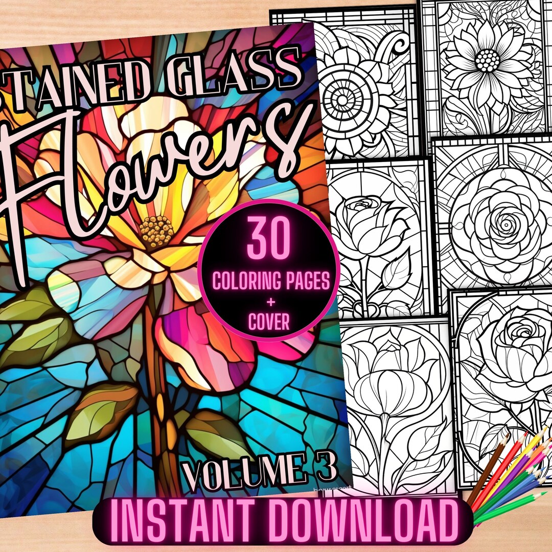 Stained Glass Flowers Coloring Book, Floral Coloring Pages, Botanical ...