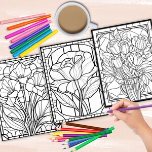 Stained Glass Flowers Coloring Book, Floral Coloring Sheets, Botanical ...