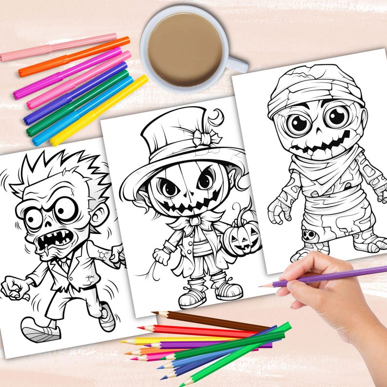 Cute Halloween Coloring Book, Creepy Monsters Coloring Pages, Spooky ...