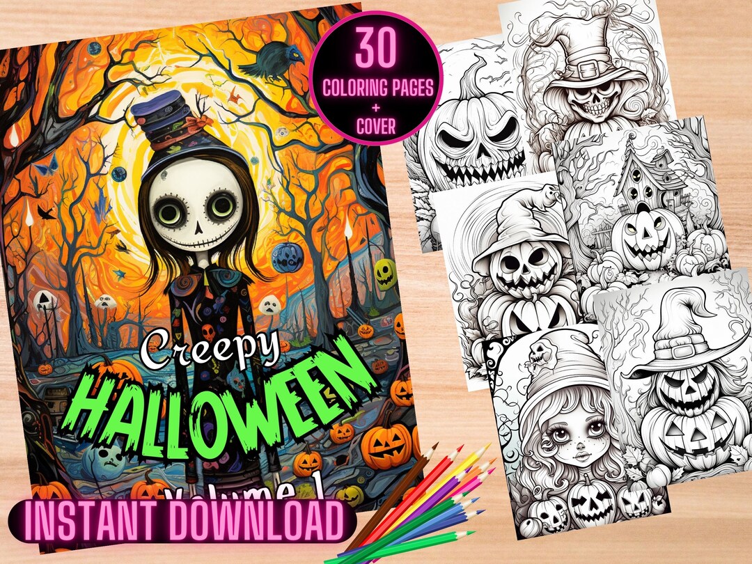 Creepy Halloween Coloring Pages Grayscale Halloween Coloring - Etsy