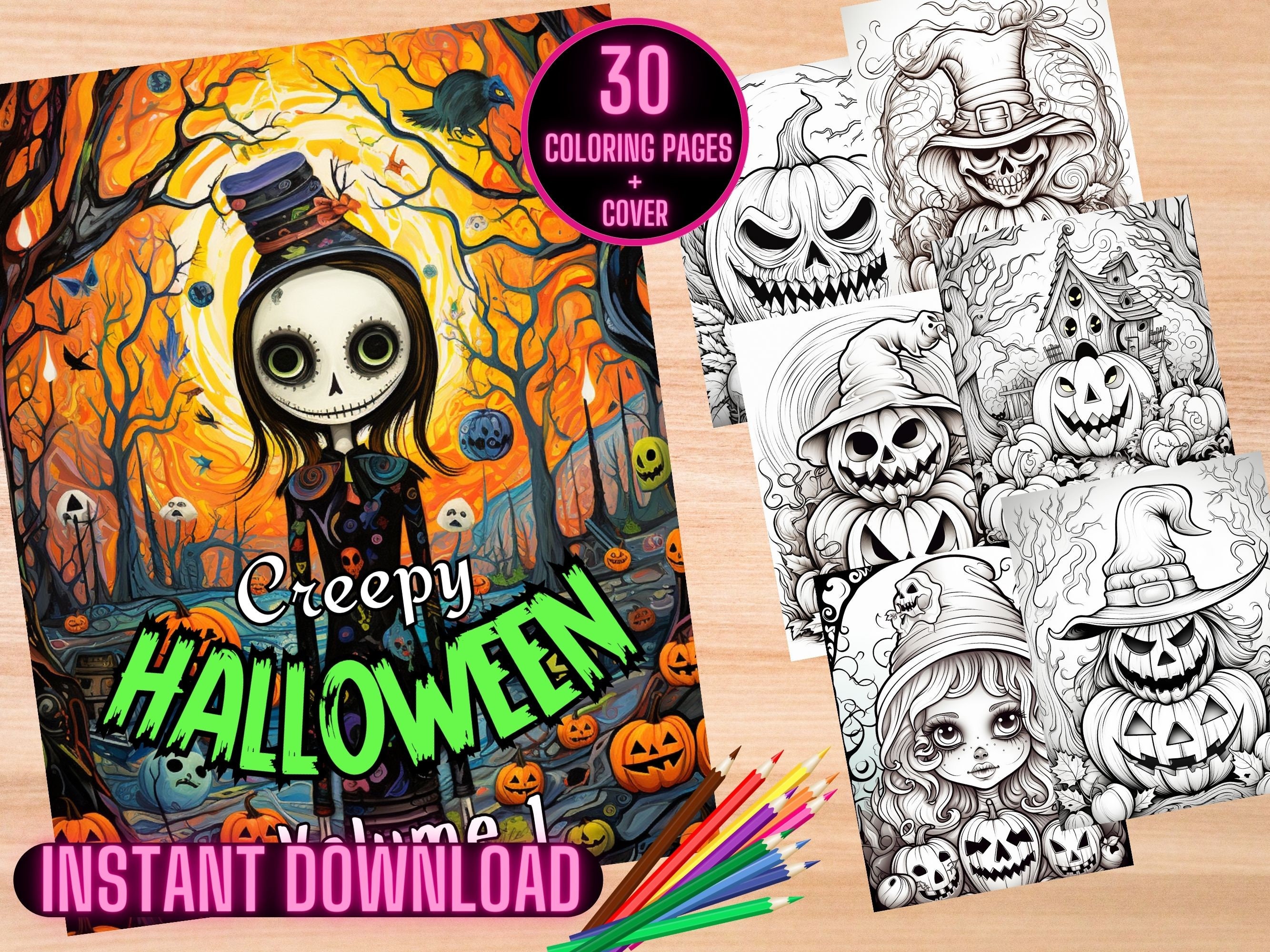 Creepy Halloween Coloring Pages Grayscale Halloween Coloring - Etsy