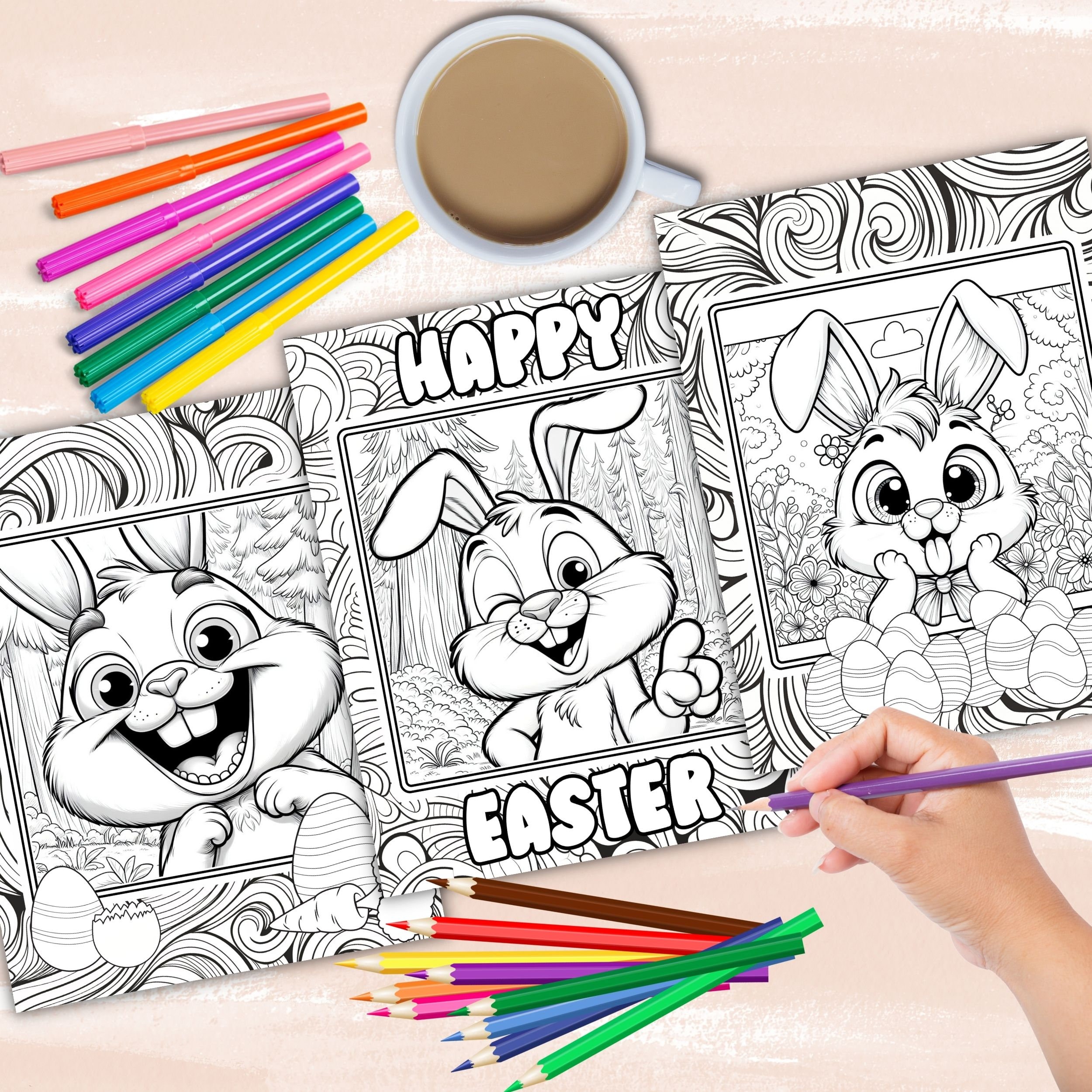 Easter Bunny Fun Coloring Pages, Funny Easter Bunny Coloring Book, Cute ...