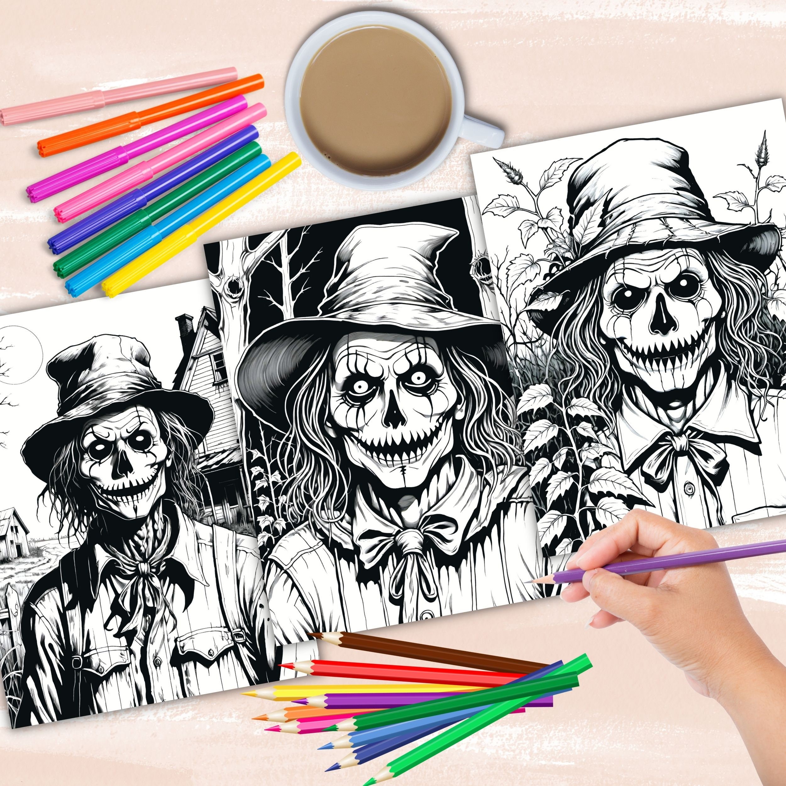 Halloween Scarecrow Coloring Pages, Grayscale Halloween Coloring Pages ...