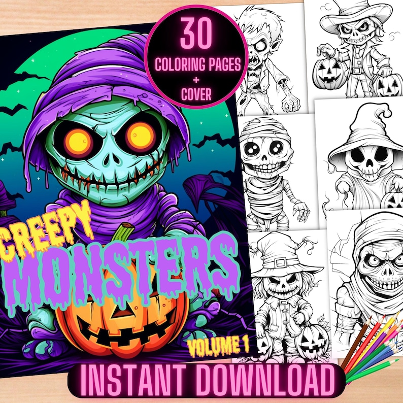 Cute Halloween Coloring Book, Creepy Monsters Coloring Pages, Spooky ...