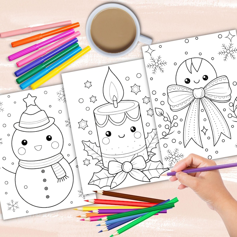 Cute Kawaii Christmas Coloring Pages, Kawaii Coloring Book, Bold Easy ...