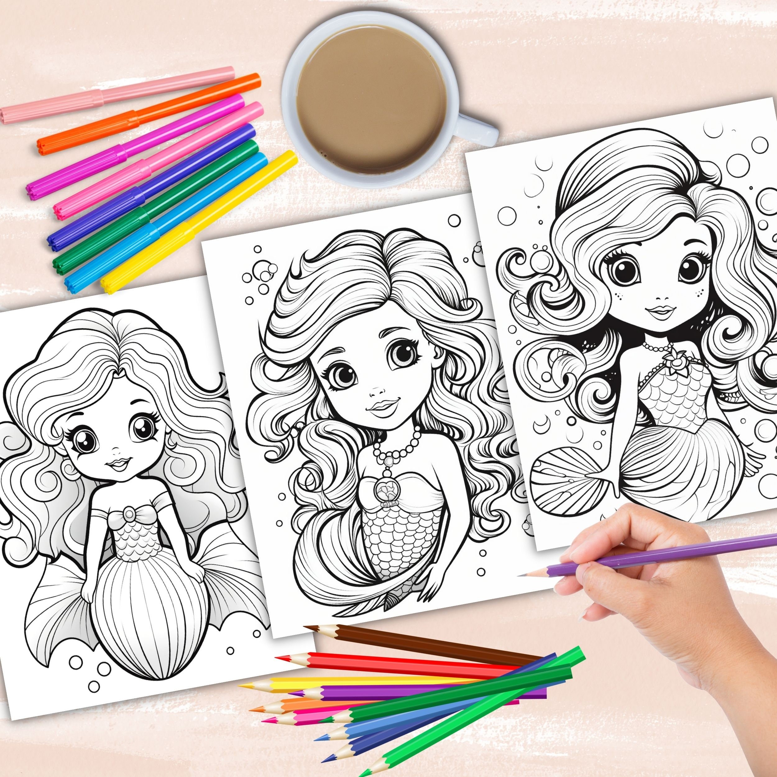 Cute Mermaids Coloring Pages, Ocean Fantasy Coloring Book, Mermaid ...
