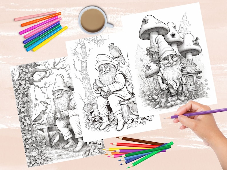 Forest Gnomes Coloring Pages Fantasy Coloring Book Grayscale - Etsy