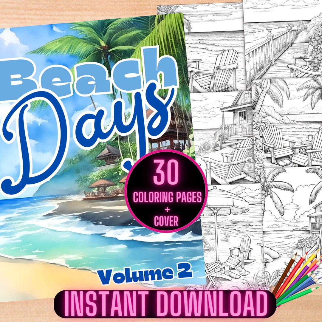 Beach Days Coloring Book, Relaxing Beach Scenery Coloring Pages, Ocean ...