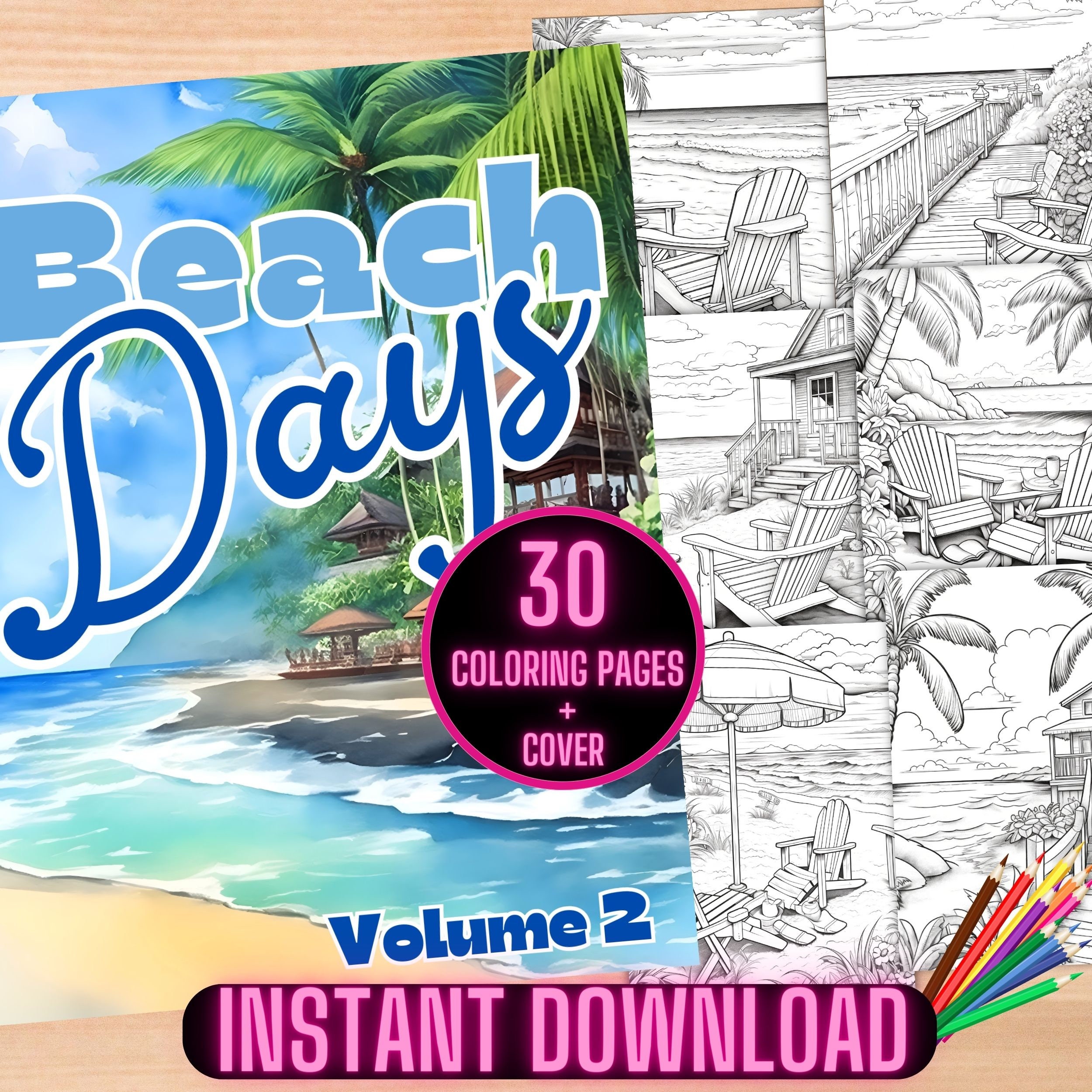 Beach Days Coloring Book, Relaxing Beach Scenery Coloring Pages, Ocean ...