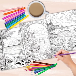 Beach Scenes Coloring Book, Relaxing Beach Scenery Coloring Pages ...