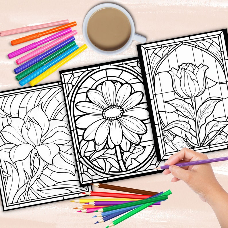 Stained Glass Flowers Coloring Book, Floral Coloring Sheets, Botanical ...