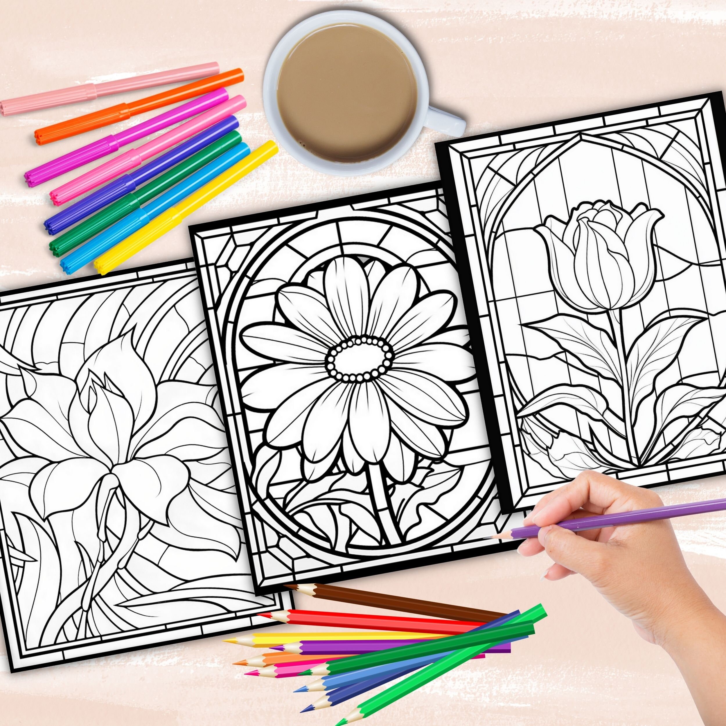 Stained Glass Flowers Coloring Book, Floral Coloring Sheets, Botanical ...