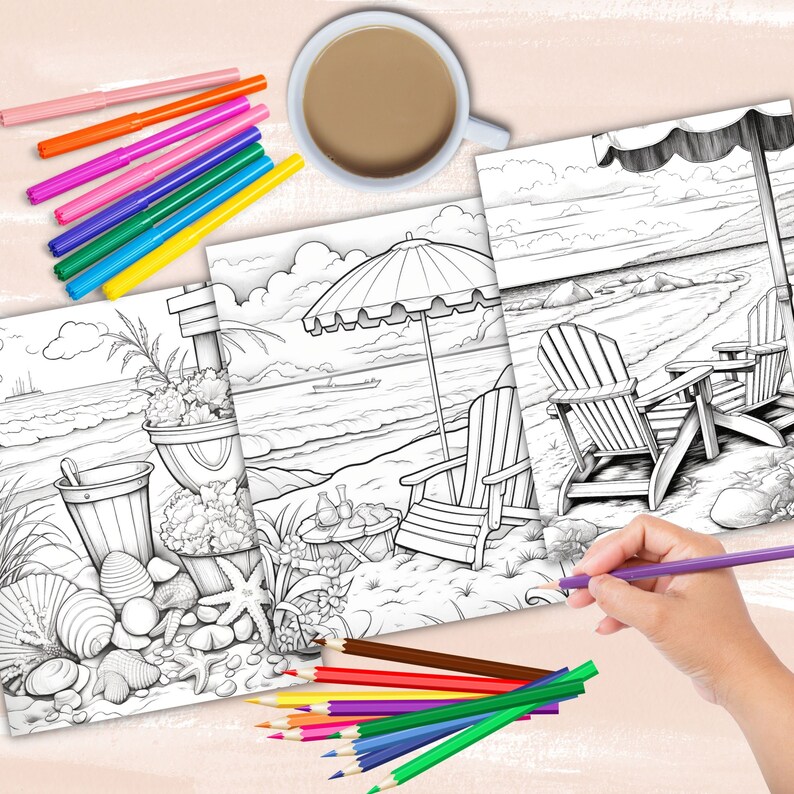 Beach Days Coloring Book, Relaxing Beach Scenery Coloring Pages, Ocean ...