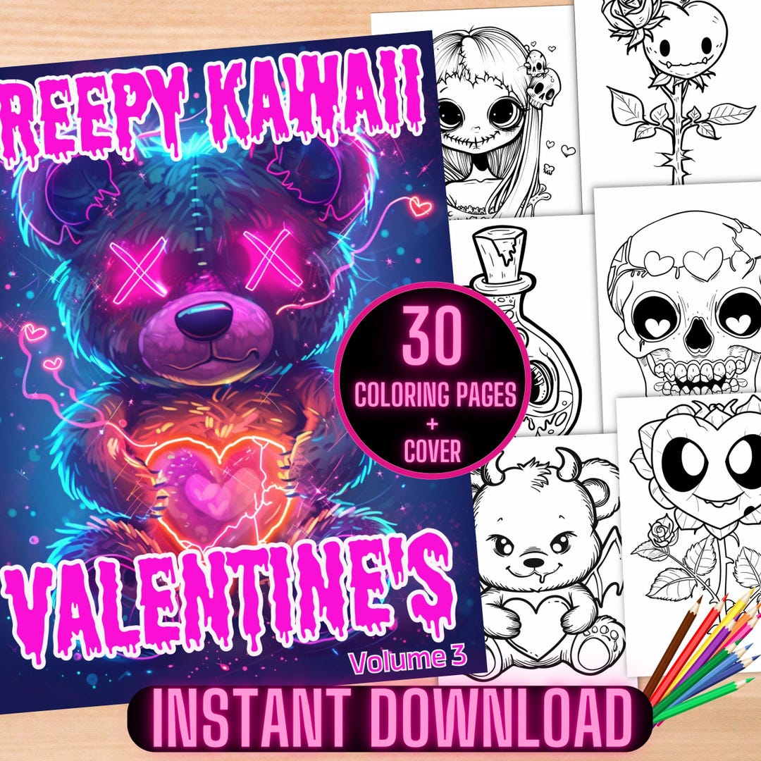 Creepy Kawaii Valentines Coloring Book, Bold Easy Valentines Kawaii ...