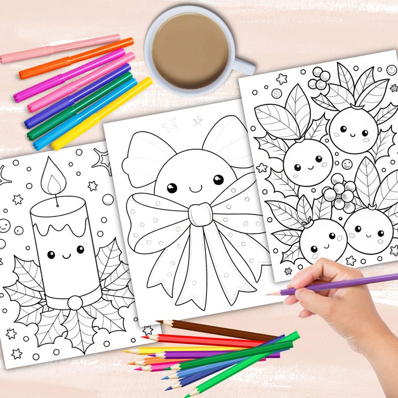 Cute Kawaii Christmas Coloring Pages, Kawaii Coloring Book, Bold Easy ...