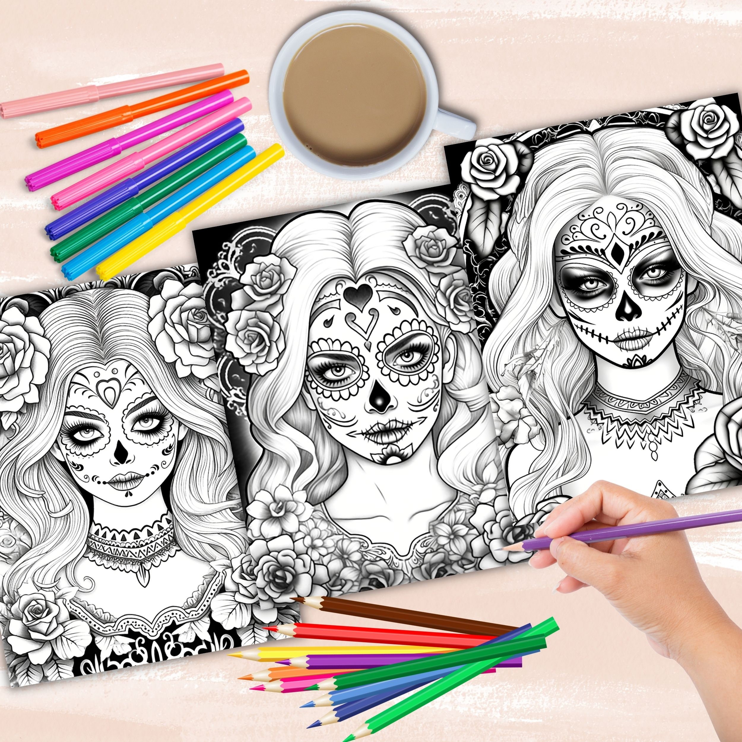 Sugar Skull Girls Coloring Pages, Day of the Dead Coloring Book, Dia De ...