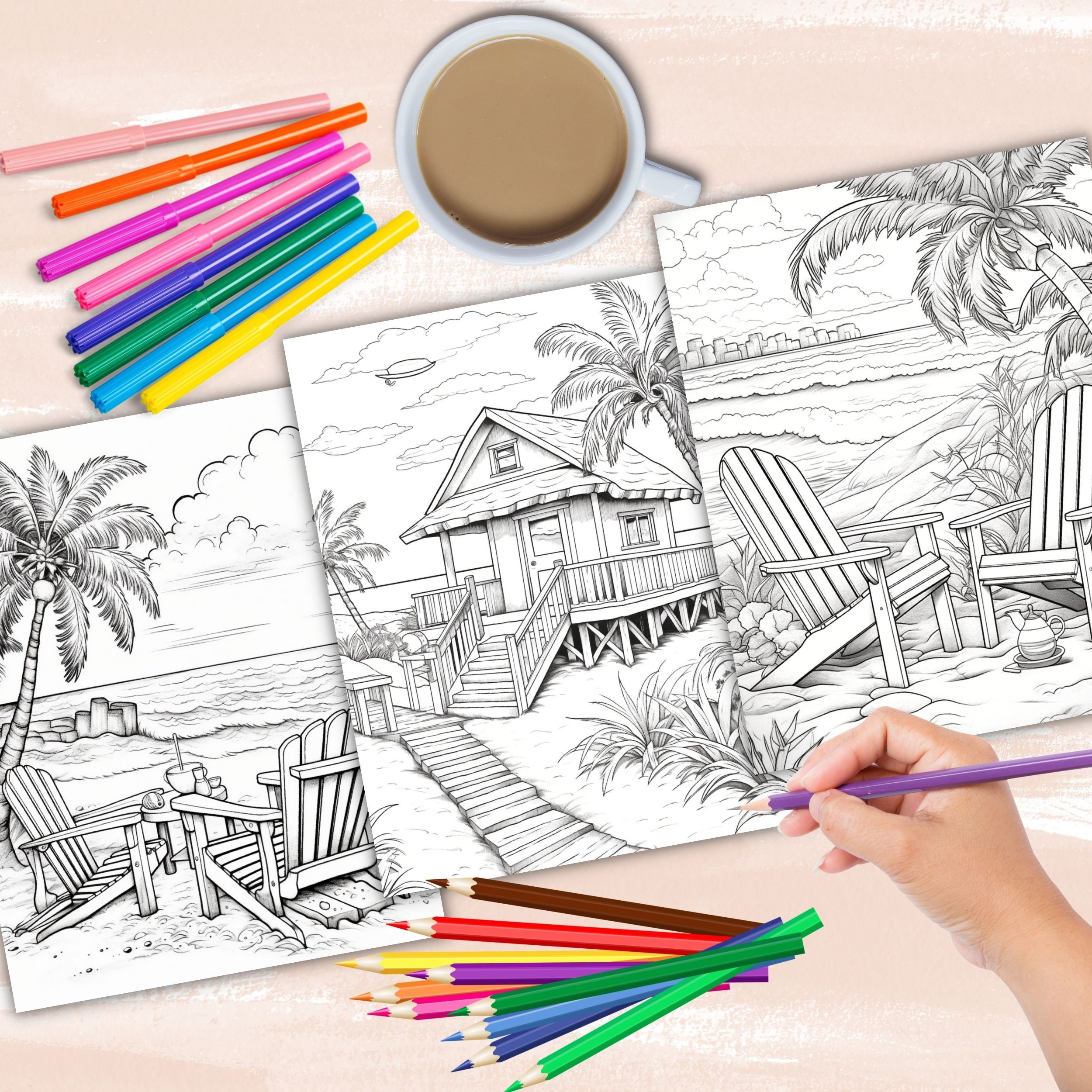 Beach Days Coloring Book, Relaxing Beach Scenery Coloring Pages, Ocean ...