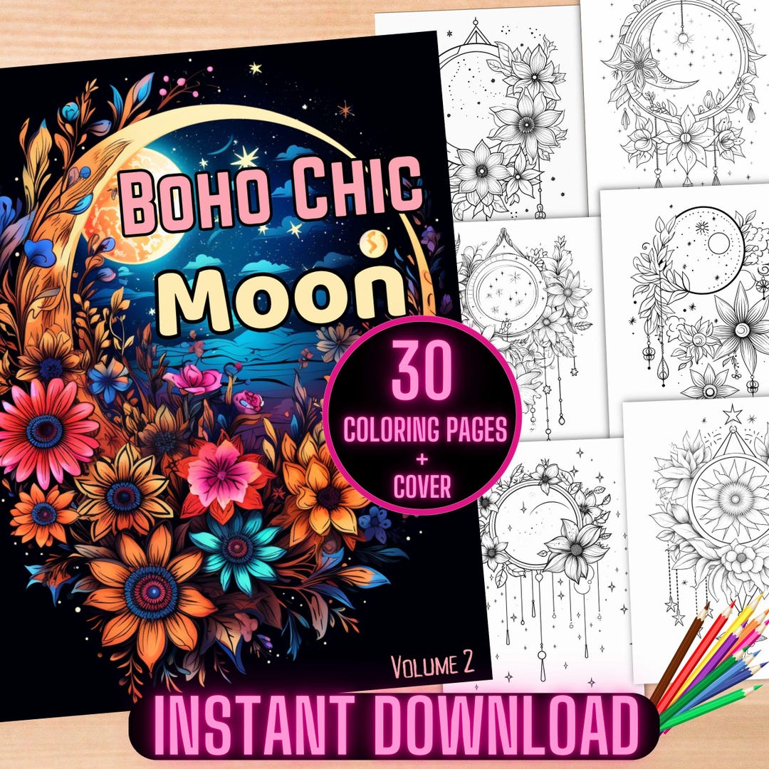 Celestial Moon Coloring Pages, Boho Chic Moon Coloring Sheets ...