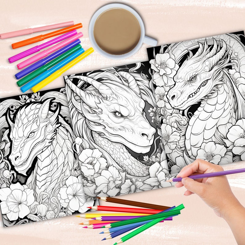 Midnight Flower Dragon Coloring Pages, Dragon Fantasy Coloring Book ...