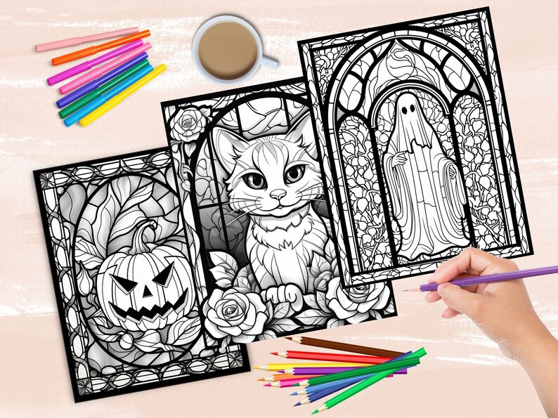 Stained Glass Halloween Coloring Book Grayscale Halloween - Etsy