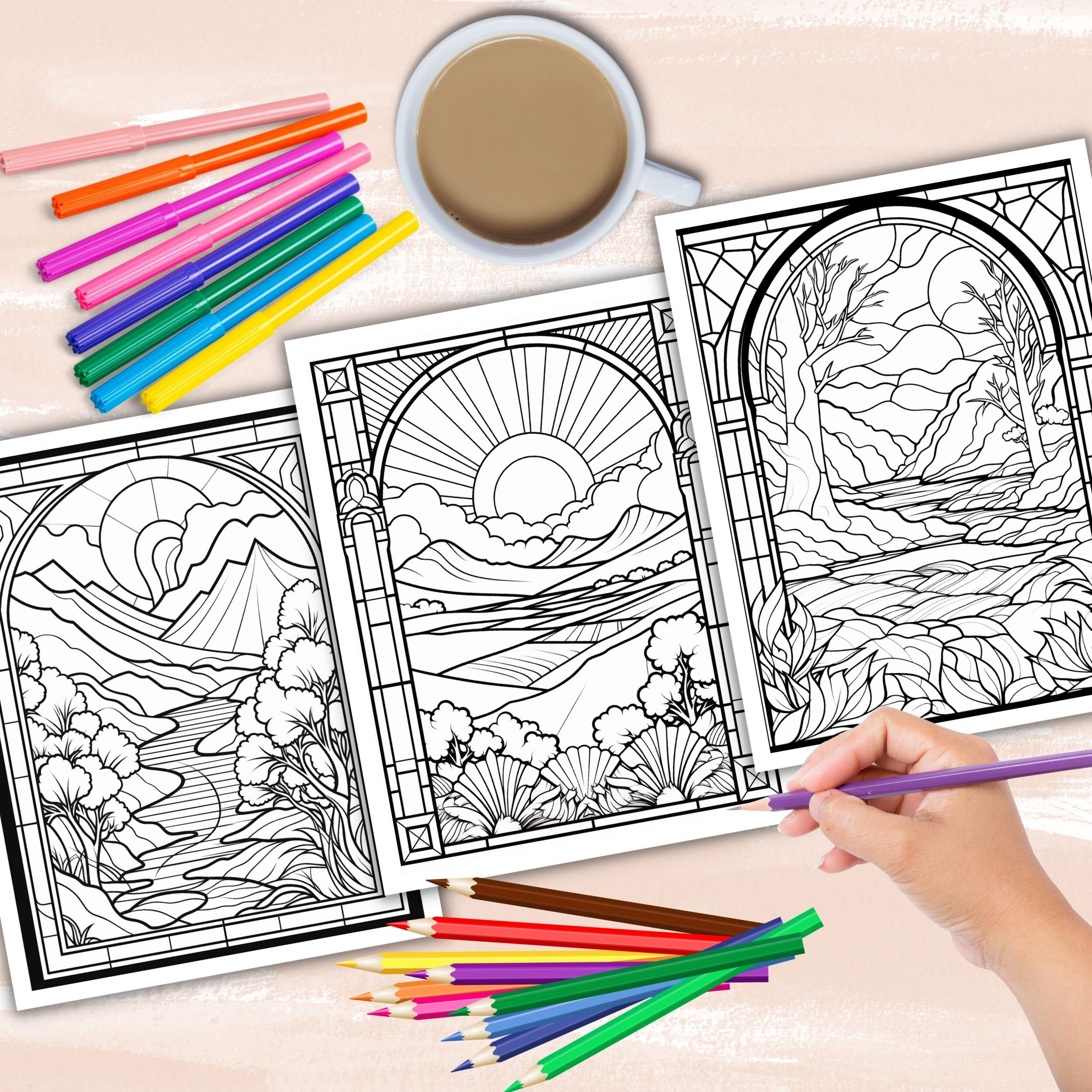 Stained Glass Landscapes Coloring Book, Relaxing Scenery Coloring Pages ...