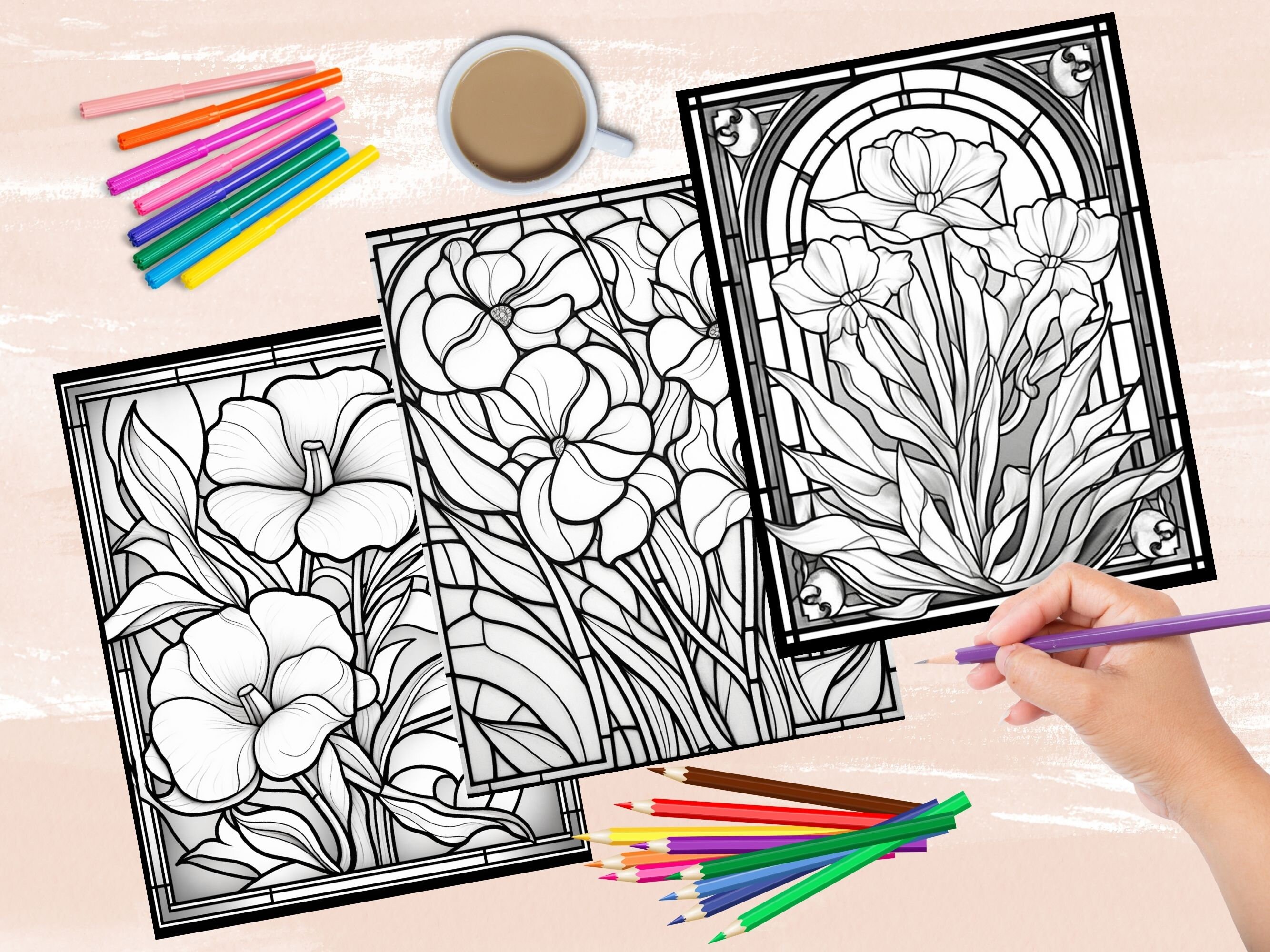 Stained Glass Flowers Coloring Book Floral Coloring Pages - Etsy