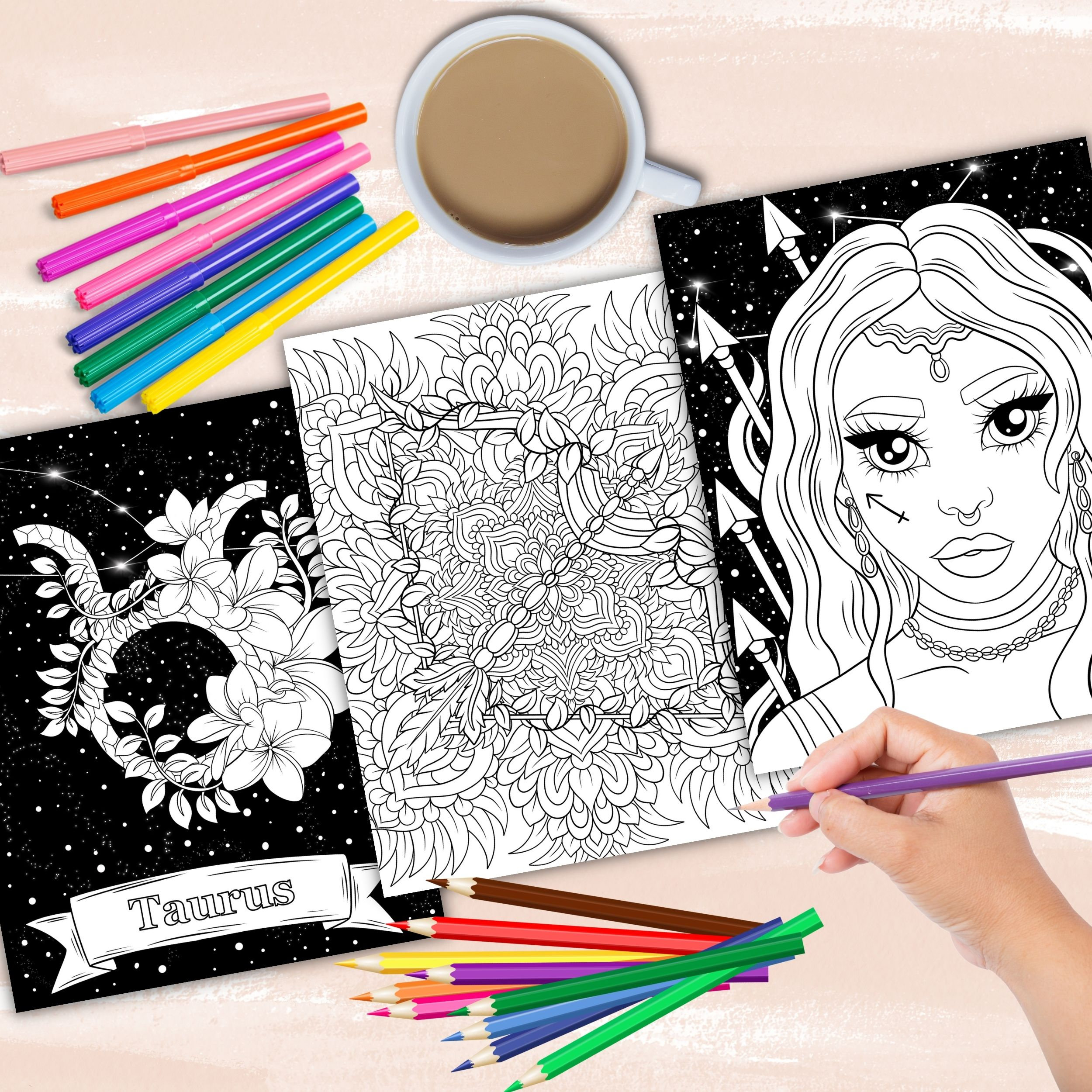 Dark Zodiac Coloring Book, Astrology Coloring Pages, Zodiac Coloring ...