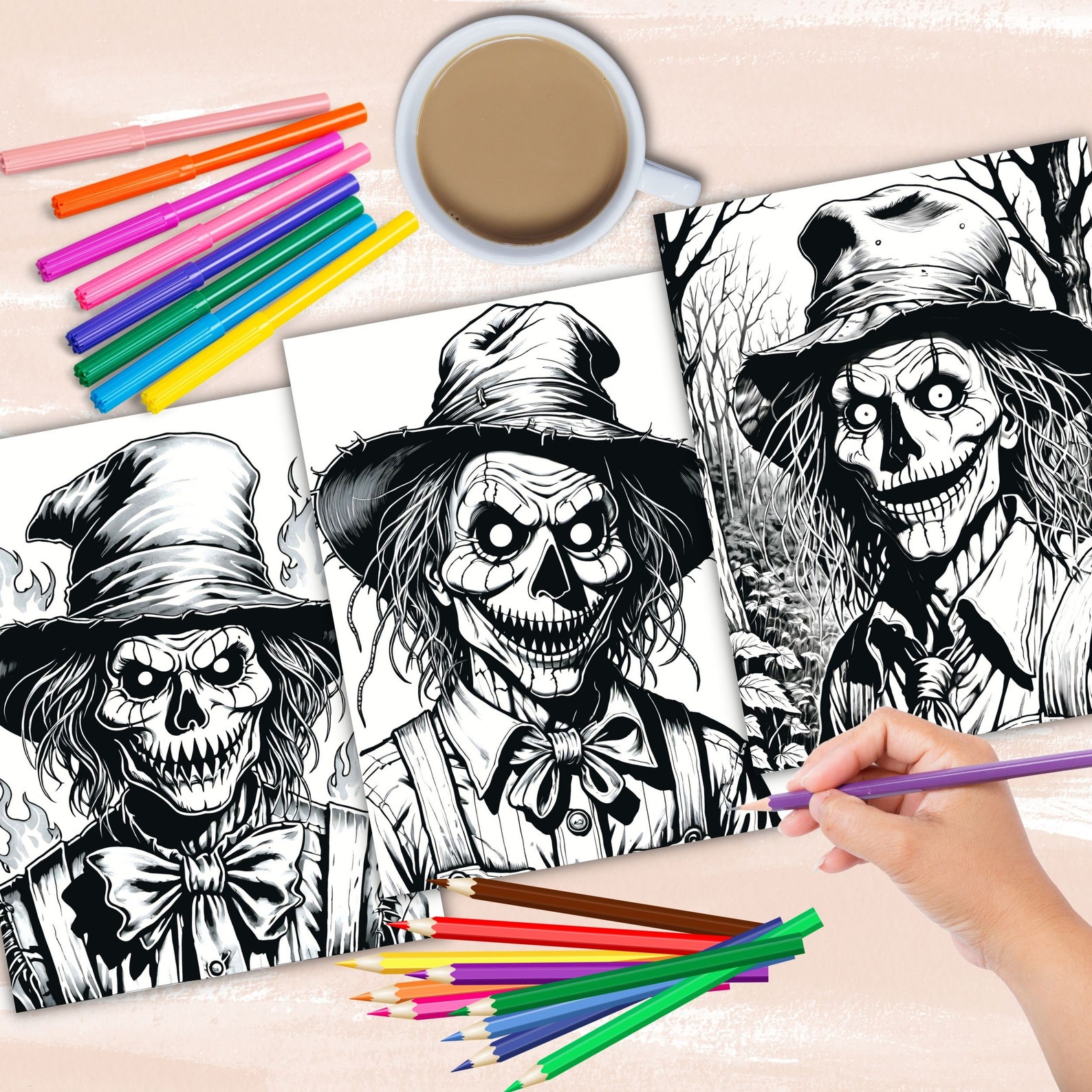 Halloween Scarecrow Coloring Pages, Grayscale Halloween Coloring Pages ...