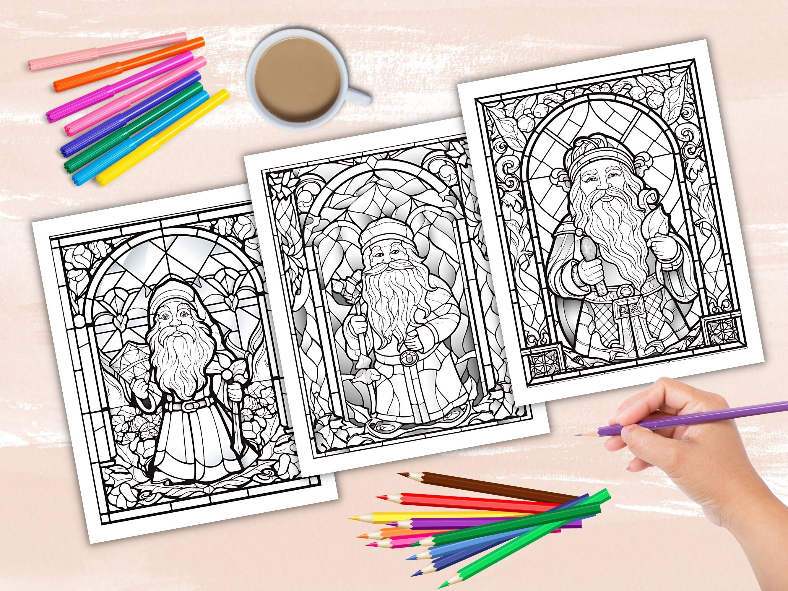 Stained Glass Santa Coloring Book, Merry Christmas Coloring, Santa ...