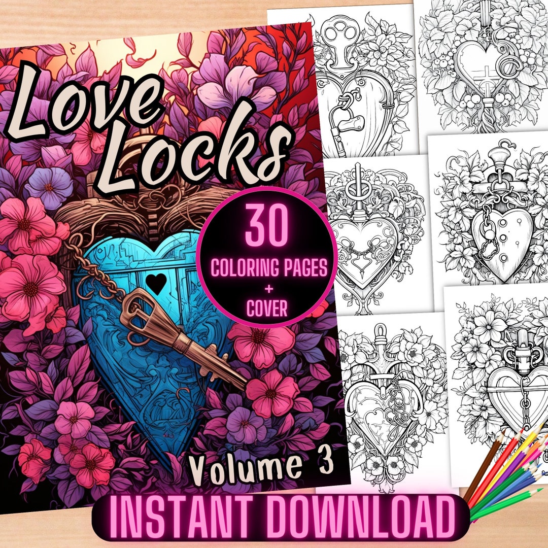 Love Locks Coloring Book, Floral Heart Lock Coloring Pages, Love Heart ...
