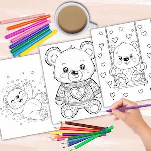 Valentines Day Coloring Book, Cute Kawaii Bear Coloring Pages, Kids ...
