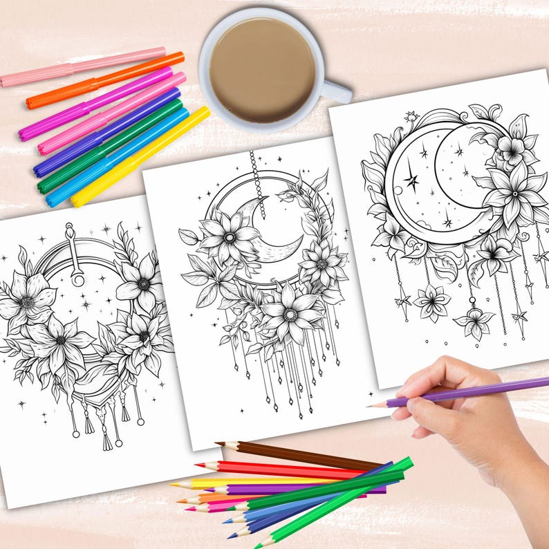 Celestial Moon Coloring Pages, Boho Chic Moon Coloring Sheets ...