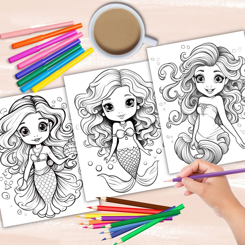 Cute Mermaids Coloring Pages, Ocean Fantasy Coloring Book, Mermaid ...