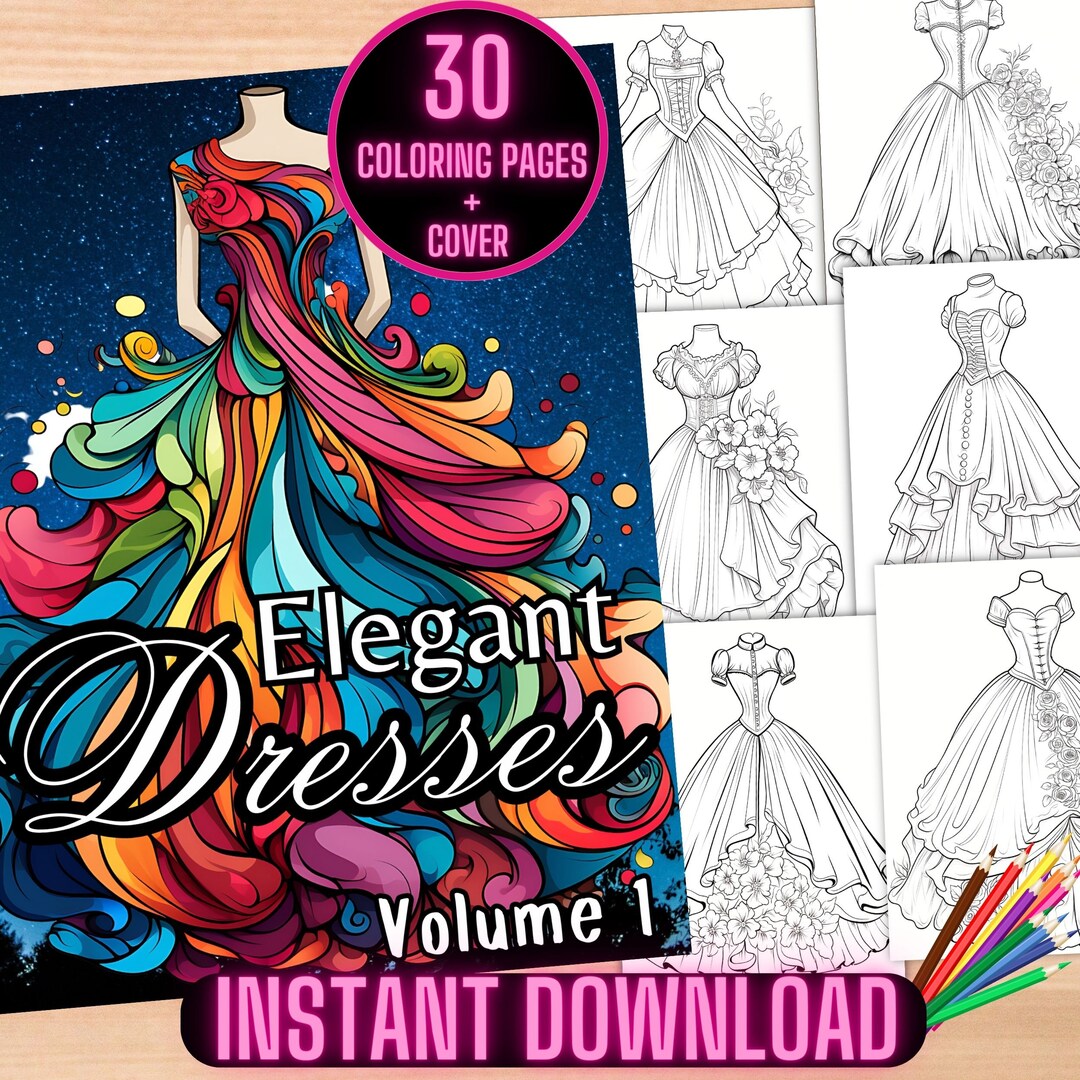 Elegant Dresses Coloring Book, Beautiful Gowns Coloring Pages ...