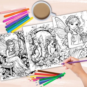 Forest Fairies Coloring Pages, Fairy Fantasy Coloring Book, Grayscale ...