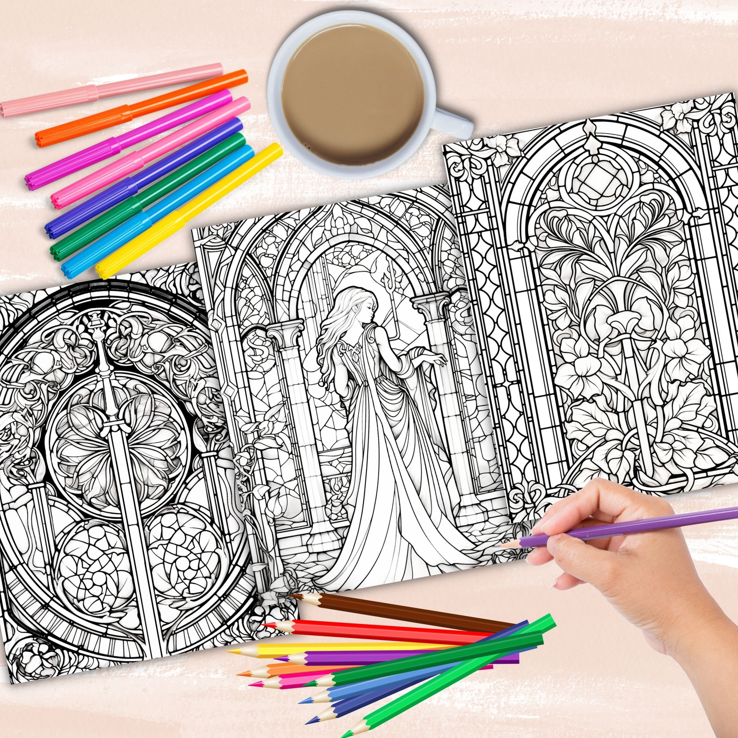 Stained Glass Enchantment Coloring Pages, Fairytale Fantasy Coloring ...